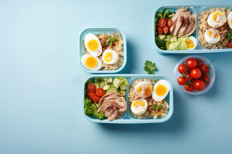 Lunch Meal in a Blue Lunch Box with Salad and Boiled Eggs. Generative ...