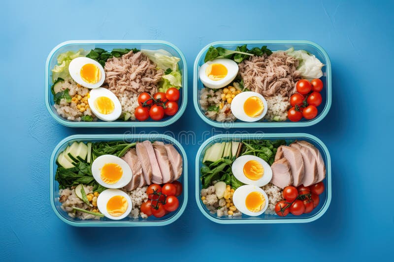 Lunch Meal in a Blue Lunch Box with Salad and Boiled Eggs. Generative ...