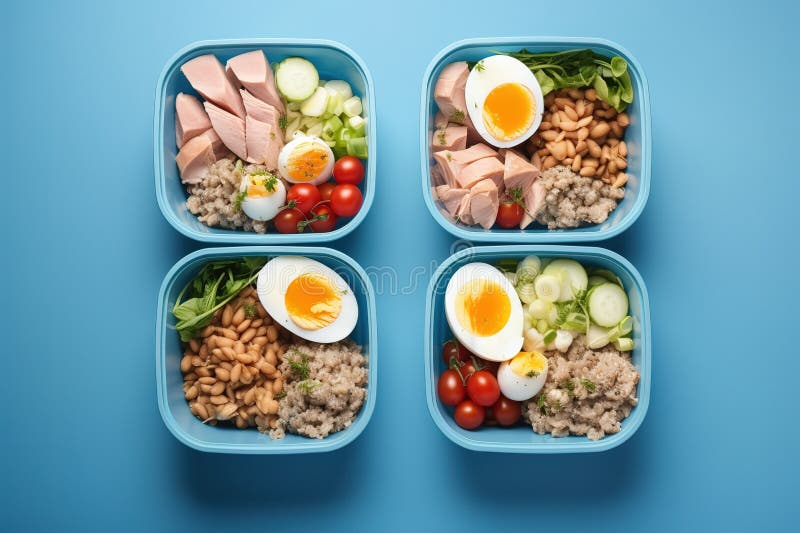 Lunch Meal in a Blue Lunch Box with Salad and Boiled Eggs. Generative ...