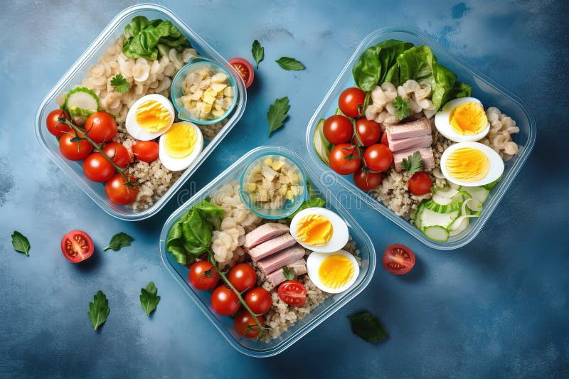 Lunch Meal in a Blue Lunch Box with Salad and Boiled Eggs. Generative ...