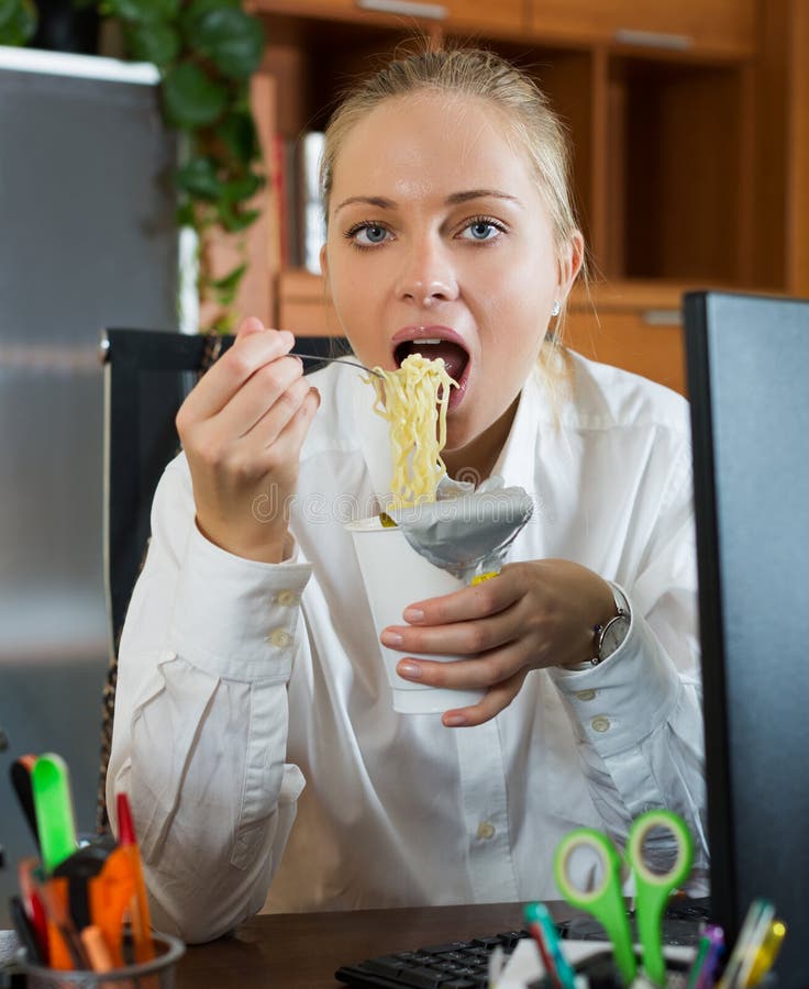 Hungry Employee Eating Tasty Salad Stock Photo - Image of long ...
