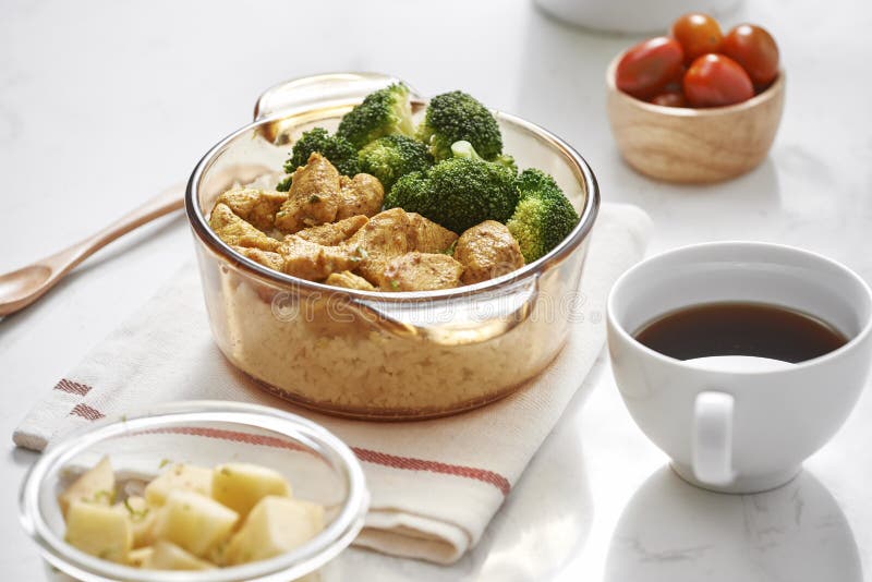 Lunch Rice Topped with Stir-fried Chicken and Broccoli, Coffee in the ...