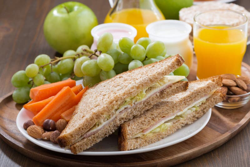 Lunch with Sandwiches, Drinks and Fruit Stock Image - Image of juice ...