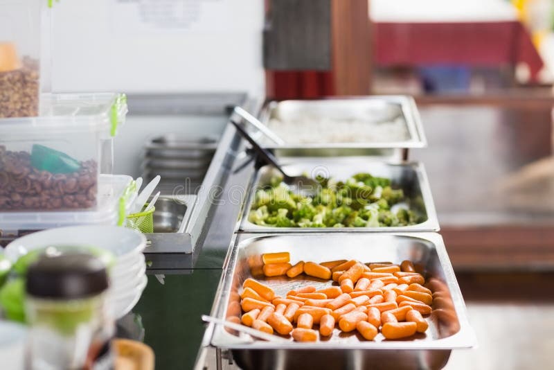 Lunch Service Station in School Cafeteria Stock Photo - Image of ...