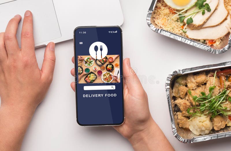 Lunch at Work and Modern Delivery. Guy Choosing Food in Mobile ...