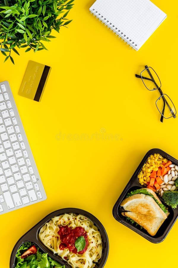 Lunch at Workplace. Delivery Boxes with Meal, Top View Stock Photo ...