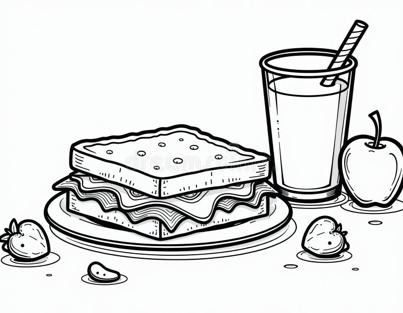 Lunchbox Delight Sandwich, Juice, and Fruit Line Art Stock Illustration ...