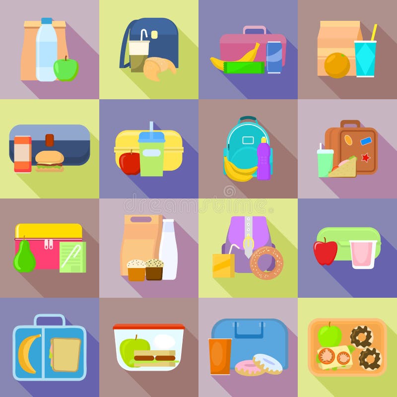 Lunchbox Icon Set, Flat Style Stock Vector - Illustration of dinner ...