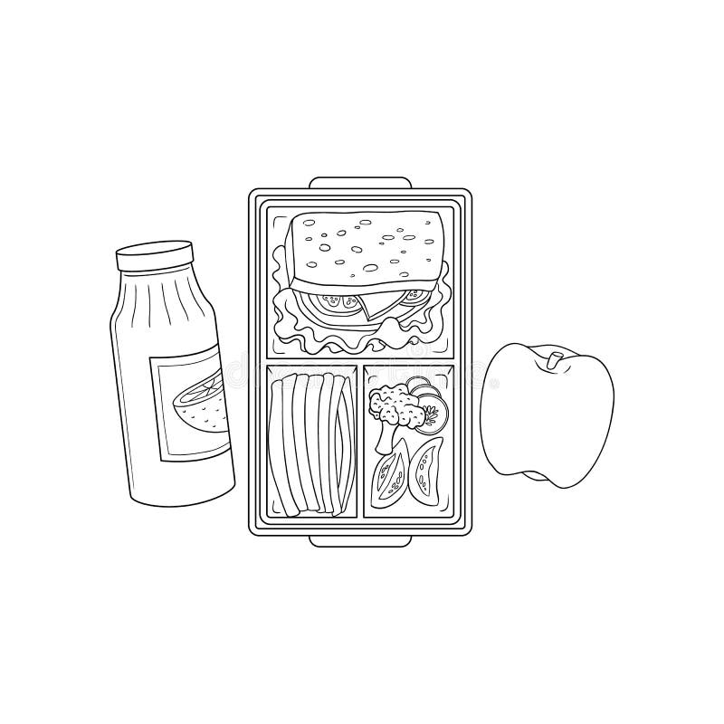 Lunchbox with School or Work Lunch in Sketch Style Isolated on White ...