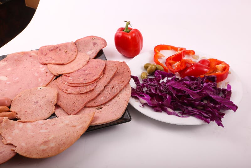 Luncheon meat with salad stock image. Image of dish - 112189709