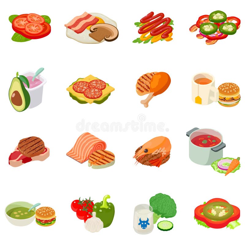 Lunchtime Icons Set, Isometric Style Stock Vector - Illustration of ...