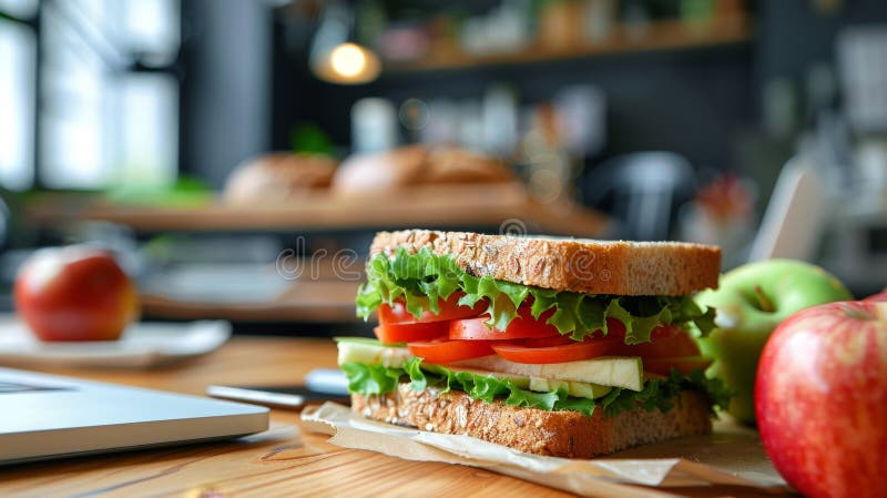 Lunchtime Theme in a Workplace Setting, with a Sandwich and an Apple ...