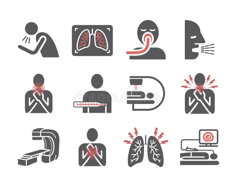 Lung Cancer Icons Set. Symptoms, Causes, Treatment. Vector Signs for ...