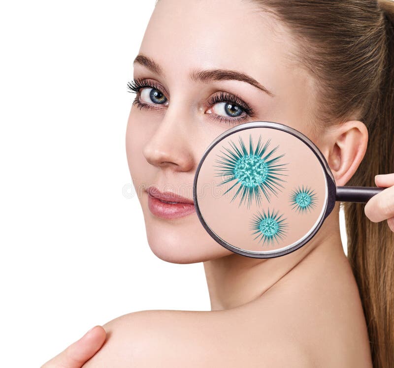 Lupa Con Los Microbios En Cara Femenina Imagen de archivo - Imagen de ...