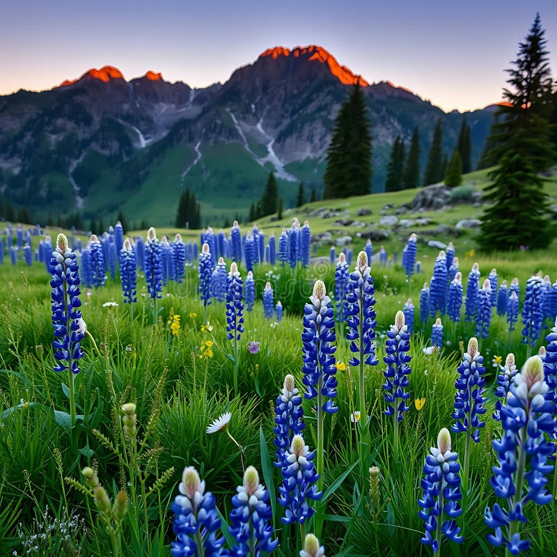 Lupine Meadow in Pacific Northwest at Dawn Stock Illustration ...