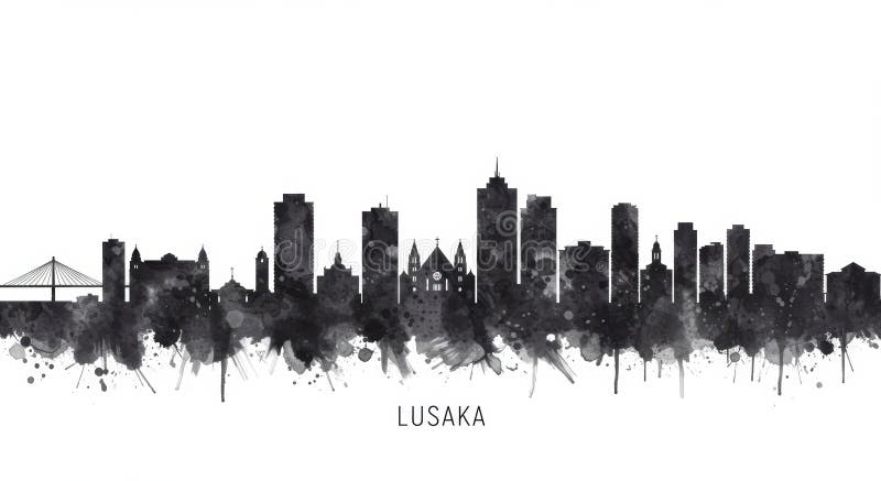 Lusaka Skyline Silhouette with Artistic Watercolor Effects on White ...