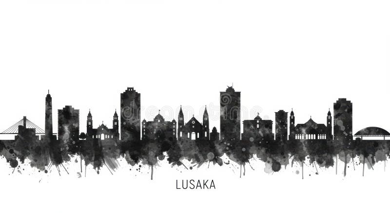 Lusaka Skyline Silhouette with Ink Splatter Art on White Background ...