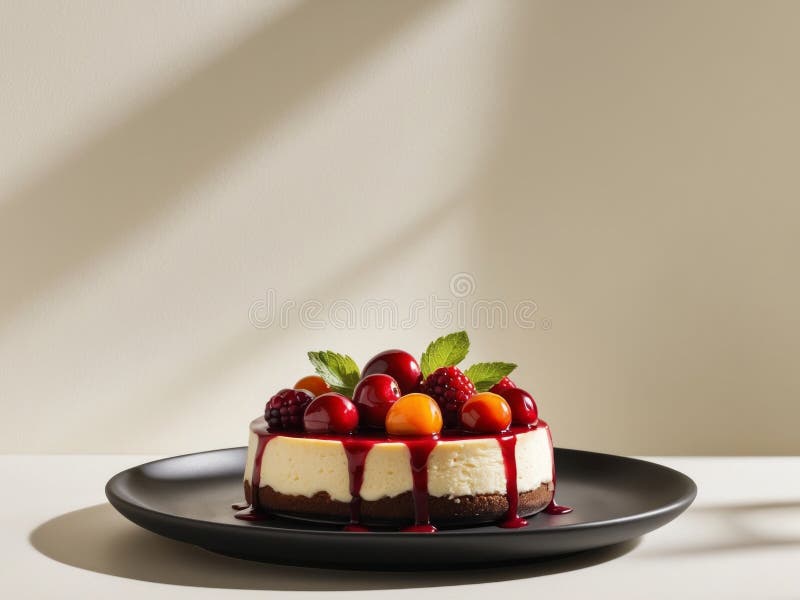 Luscious Berry Cheesecake with Glazed Fresh Toppings on a Dark Plate ...