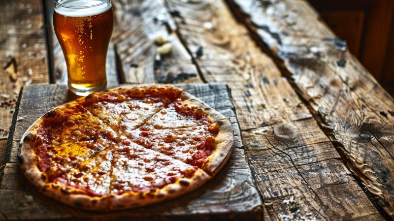 Luscious Cheese Pizza and Refreshing Beer on Rustic Wooden Table Stock ...