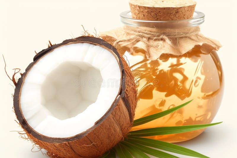 Luscious Coconut Jam in Glass Jar with Fresh Coconut, White Backdrop ...