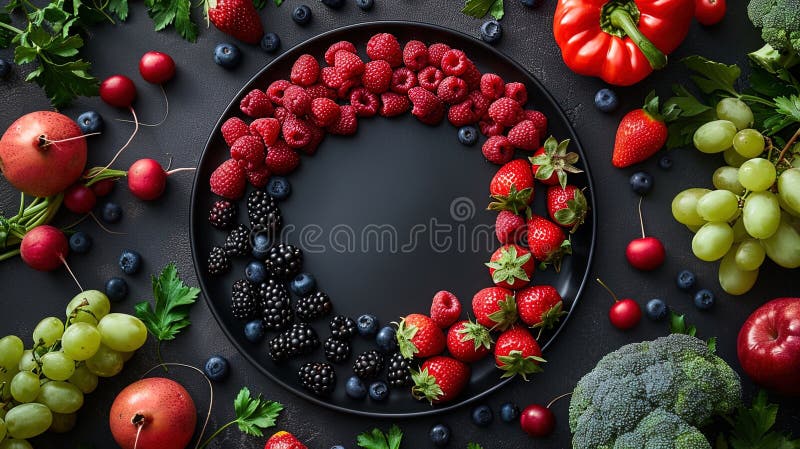 Luscious Fruits and Crisp Vegetables Elegantly Frame an Empty Black ...
