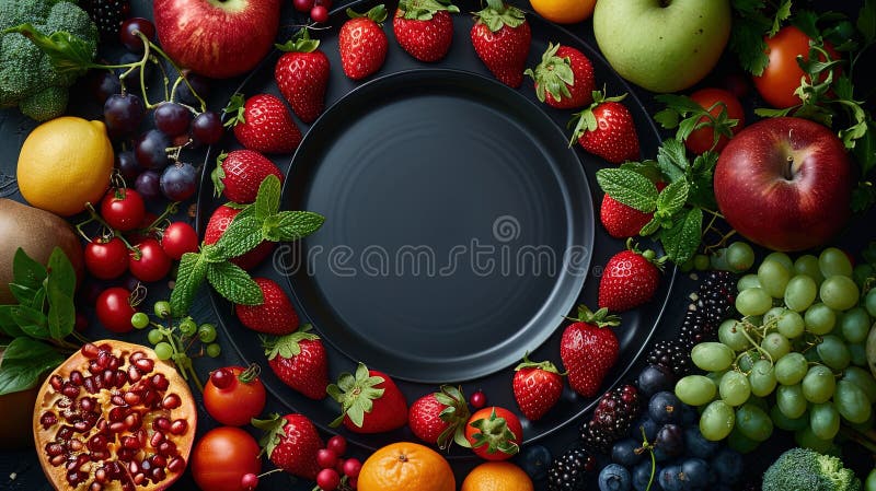 Luscious Fruits and Crisp Vegetables Elegantly Frame an Empty Black ...
