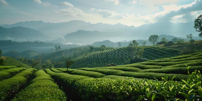 Serene Landscape of Lush Green Tea Plantation, Rolling Hills Under a ...