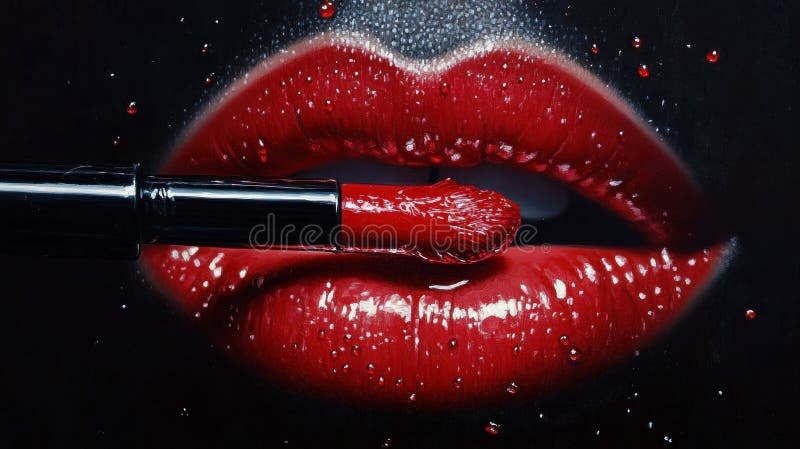 Luscious Red Lips Glisten with Droplets As Lipstick Applicator Glides ...