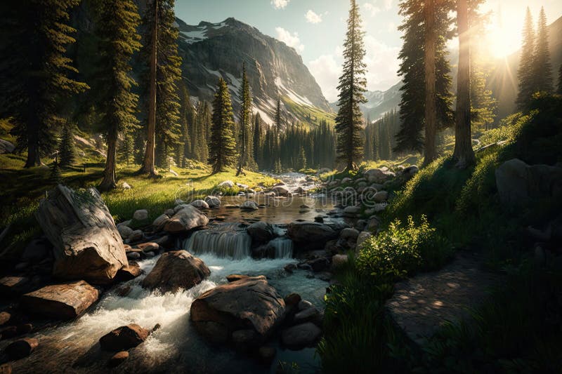 Lush Alpine Meadow with Waterfall and Sunlight Filtering through the ...