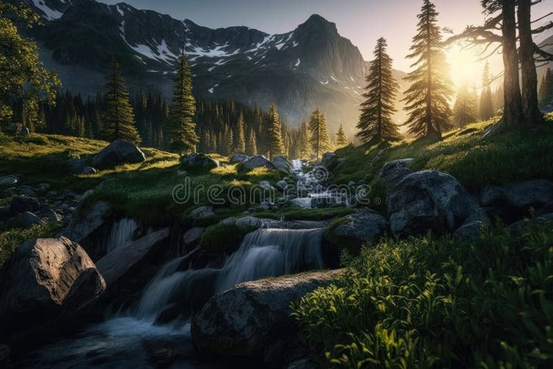 Lush Alpine Meadow with Waterfall and Sunlight Filtering through the ...