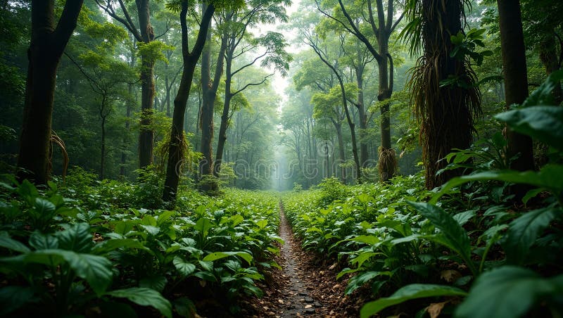 Lush Amazon Rainforest Floor with Vibrant Green Plants Under Towering ...