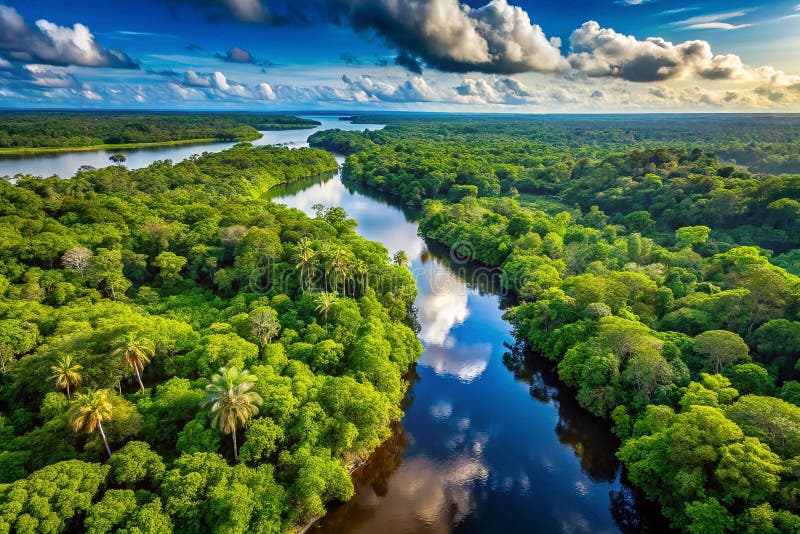 Lush Amazon River, Aerial View, Sunlight on Canopy, Cloudscape Stock ...