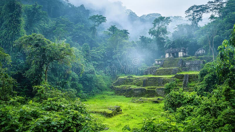 Lush Amazonian Jungle with Maya Ruins in Clearing Stock Illustration ...