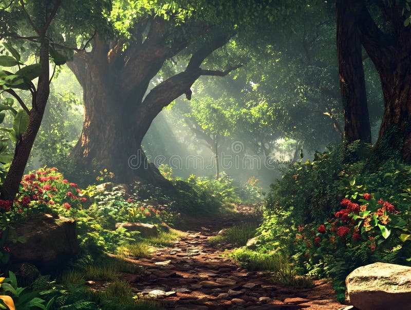 Lush Ancient Forest Landscape with Towering Trees and Diverse Native ...