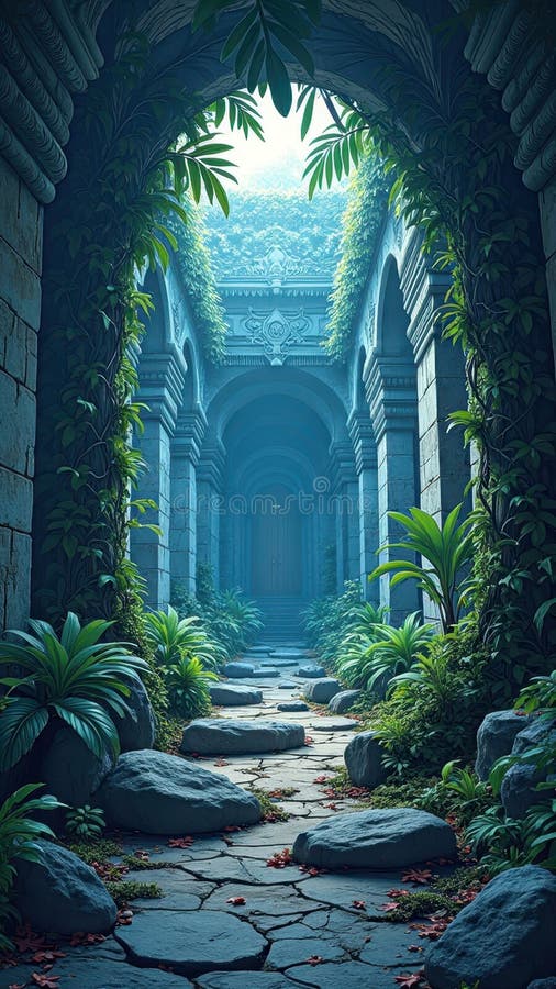 Lush Ancient Stone Corridor with Sunlit Archway and Overgrown Foliage Stock Image - Image of ...