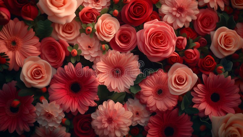 A Lush Array of Red and Pink Roses and Gerberas Tightly Composed To ...