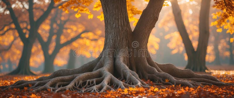 Lush Autumn Tree with Textured Roots in Sunlit Clearing Stock Image ...