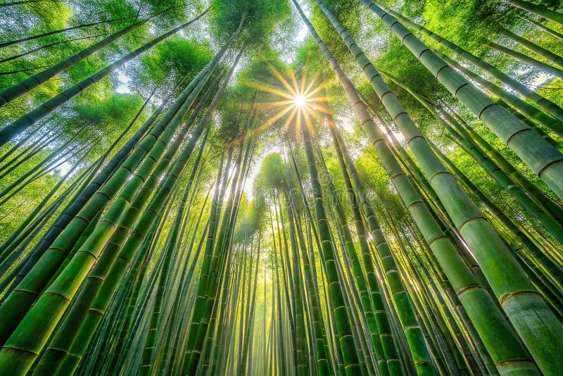 Lush Bamboo Forest, Sunbeams, Looking Up, Nature Stock Illustration ...