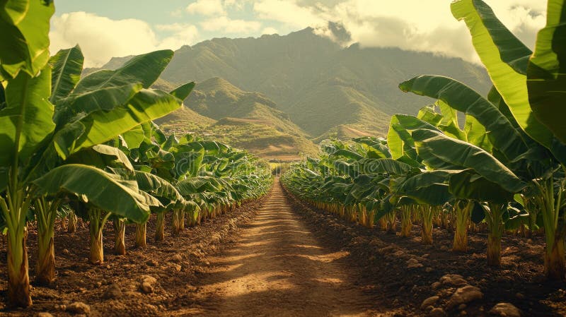 Lush Banana Plantation Path through Mountains Stock Illustration ...