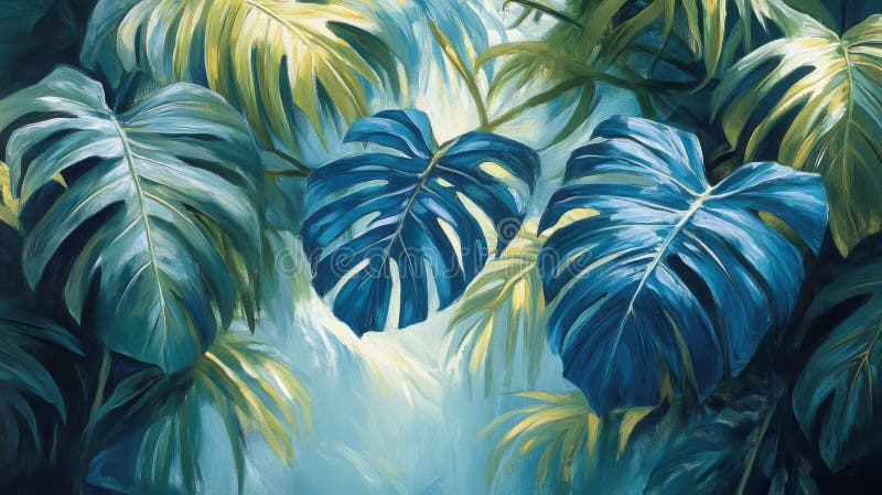 Lush Blue and Green Tropical Monstera Leaves Stock Illustration ...