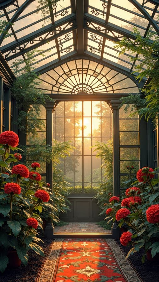 Lush Botanical Conservatory Red Flowers Sunlit Windows Stock Photos ...