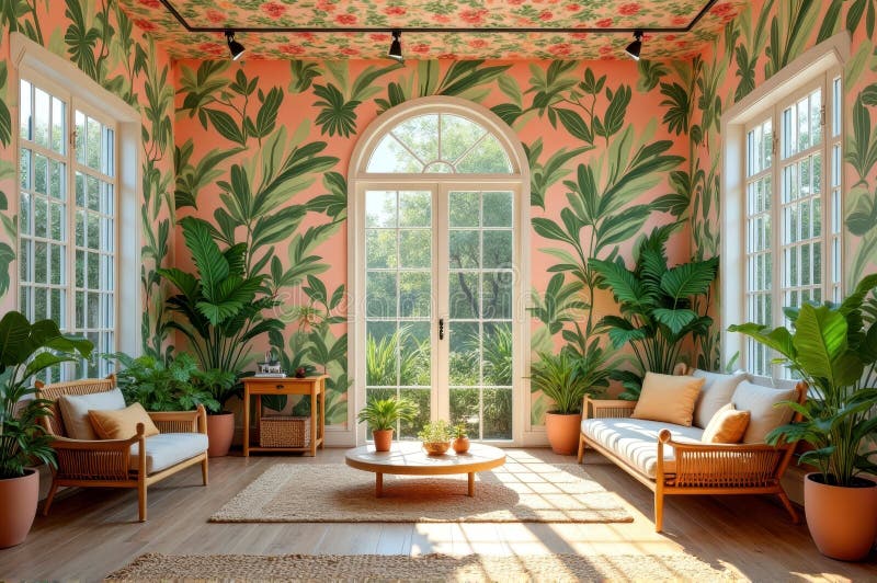 Lush Botanical Living Room with Tropical Wallpaper and Abundant ...