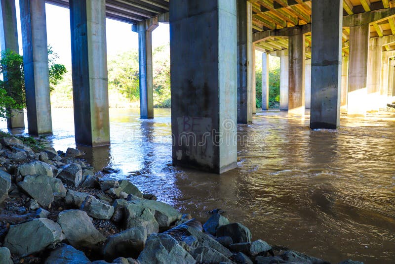 The Lush Brown Waters Flowing Underneath a Freeway Underpass with Tall ...