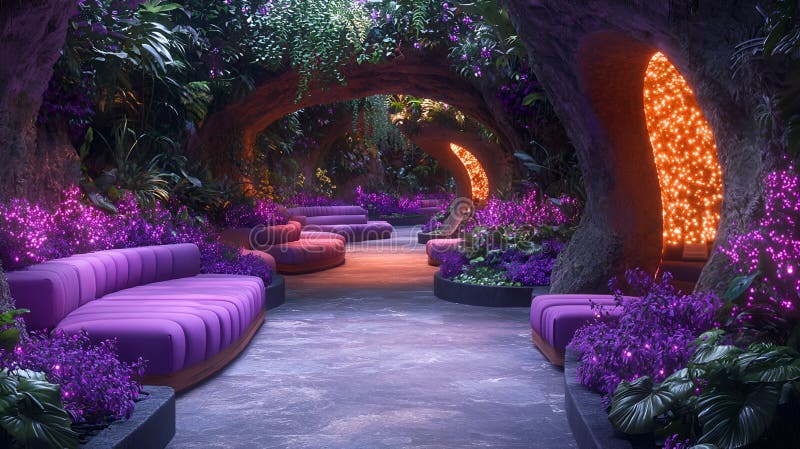 Lush Cave Pathway, Purple Seating, Glowing Wall, Tropical Plants ...