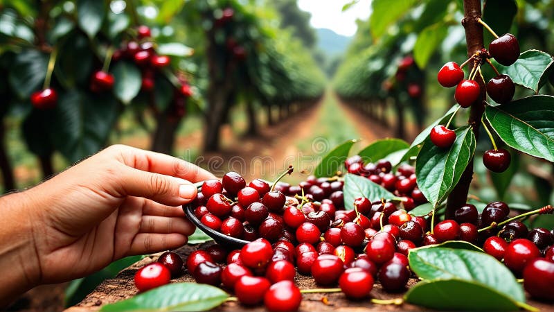 Lush Cherry Orchard Harvest with Hand Picking Ripe Cherries Stock Photo - Image of crop, foliage ...