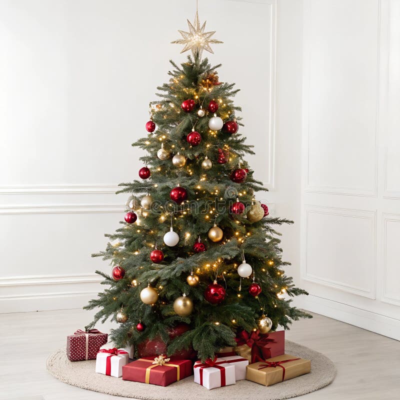 Lush Christmas Tree with Gift Boxes. Bright Studio Shot of Gift Boxes ...