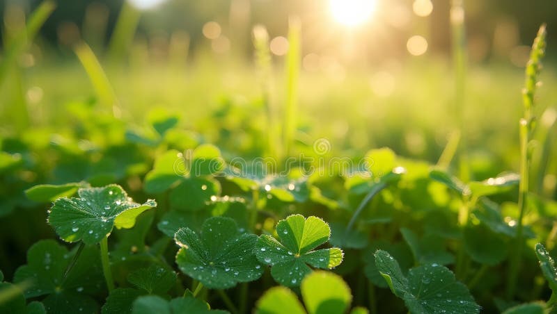 Lush Clover Patch with Dew Drops in Sunlit Meadow Stock Illustration ...