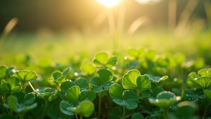 Lush Clover Patch with Dew Drops in Sunlit Meadow Stock Illustration ...