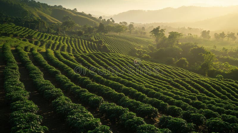 Lush Coffee Plantation Landscape at Sunrise Stock Image - Image of ...