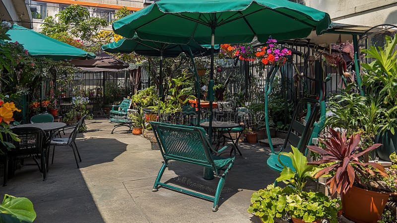 Lush Courtyard Cafe Patio Seating, City Background Stock Image - Image ...